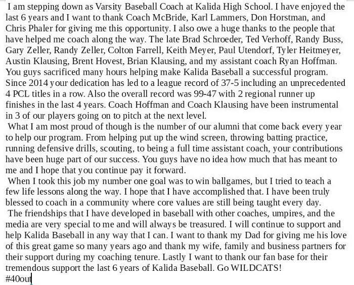 Kalida Baseball Coach Steps Down After Six Seasons – Stateline Sports ...