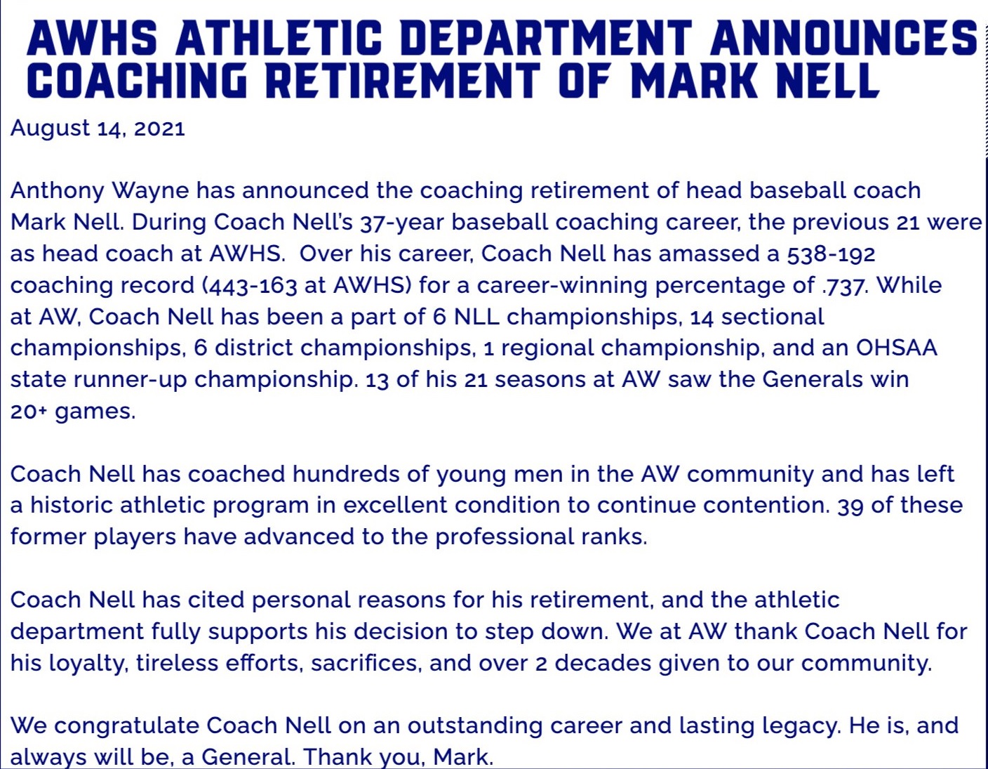 Veteran Anthony Wayne Baseball Coach Retires – Stateline Sports Network