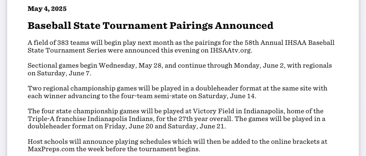 2025 IHSAA State Baseball Tournament Brackets, As Selected By Ping-Pong ...